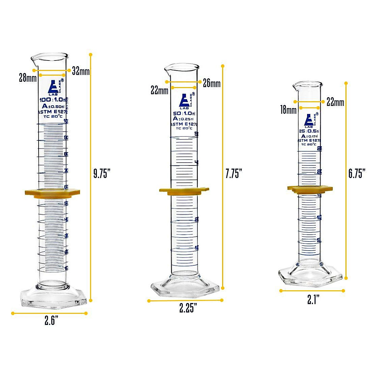 EISCO Premium Graduated Cylinder Set - 25mL, 50mL & 100mL - ASTM, Class A - Protective Collars, Hexagonal Base - Blue Graduations - Borosilicate 3.3 Glass