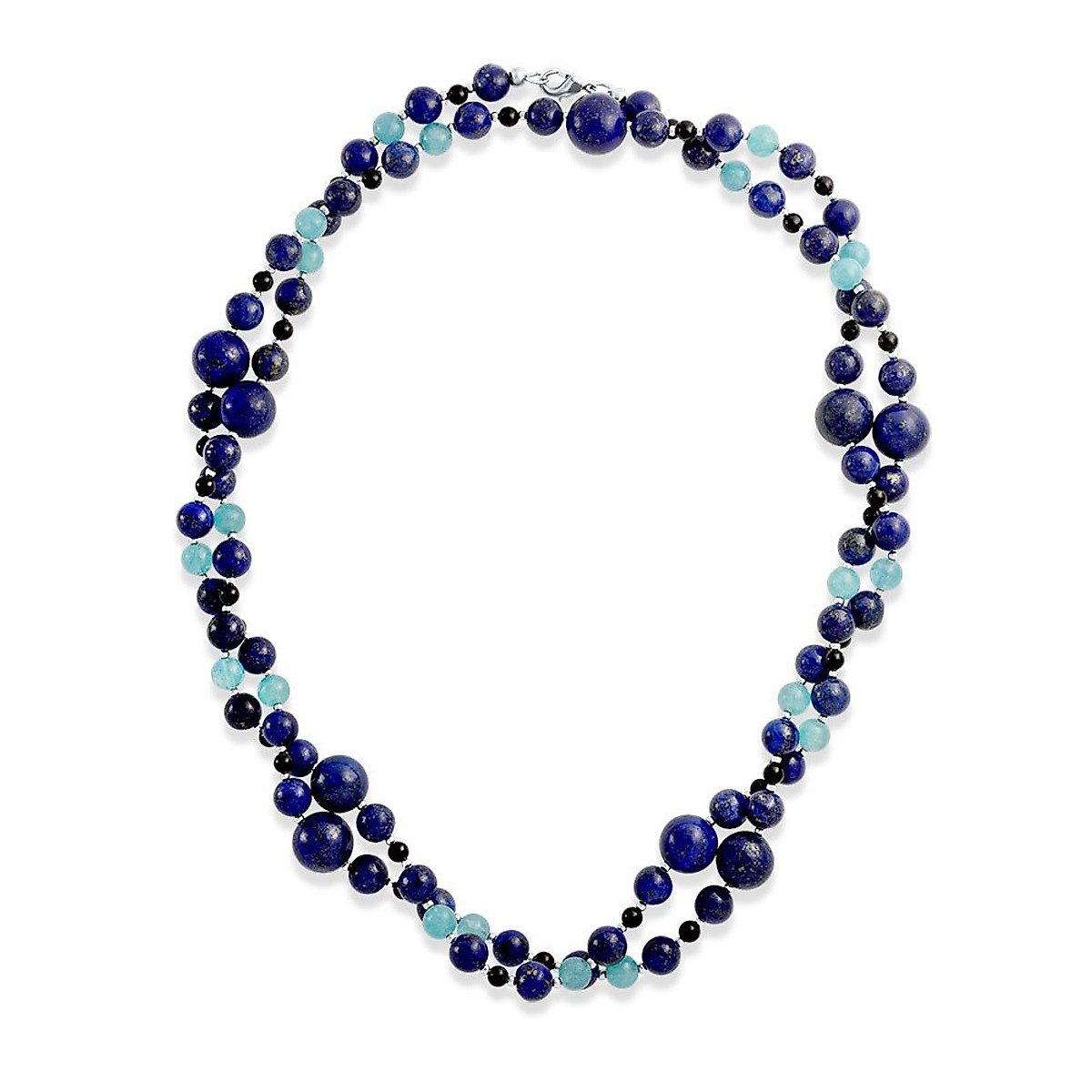 Bling Jewelry Long Wrap Around Layer Blue Shades Aqua Quartz Blue Lapis Black Onyx Gemstone Ball Bead Strand Necklace For Women 40 Inch