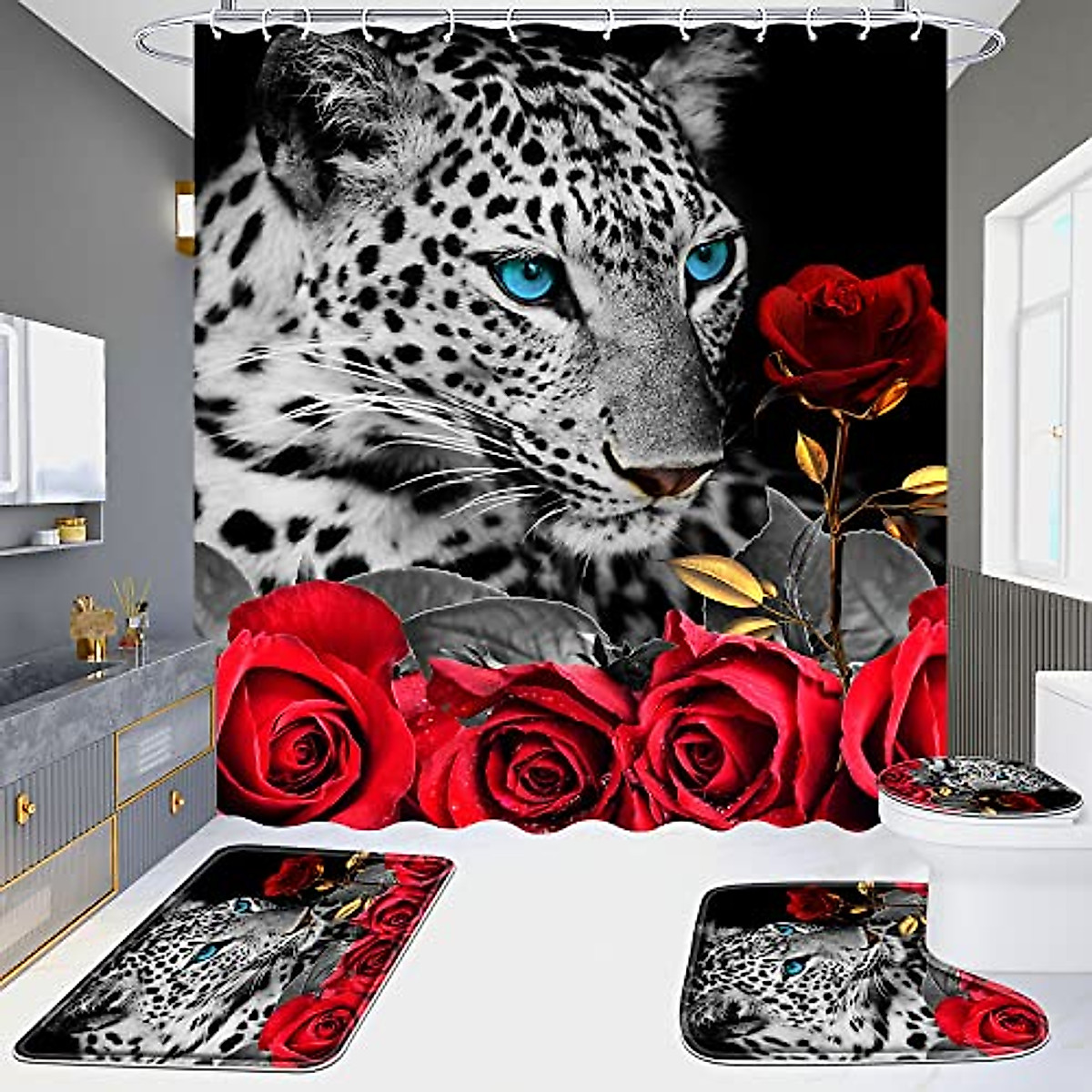 YOKYHOM 4 Piece Bathroom Sets with Shower Curtain and Rugs, Leopard Rose Bathroom Shower Curtain Sets with Rugs, Incl 71'' x 71'' Shower Curtain with 12 Hooks, Non Slip Bath Mats, Toilet Lid Oval Rug