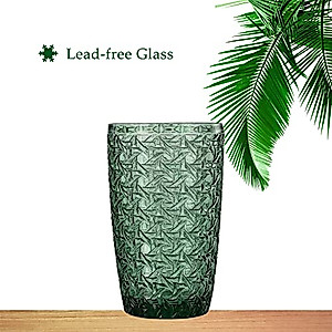 GYRUT Unique Green Drinking Glasses[Set of 4], 14oz Glass Cups for Water, Juice, and Ice Tea, Vintage Chic Glassware, Lead-free Crystal Highball Tumbler, Dishwasher Safety