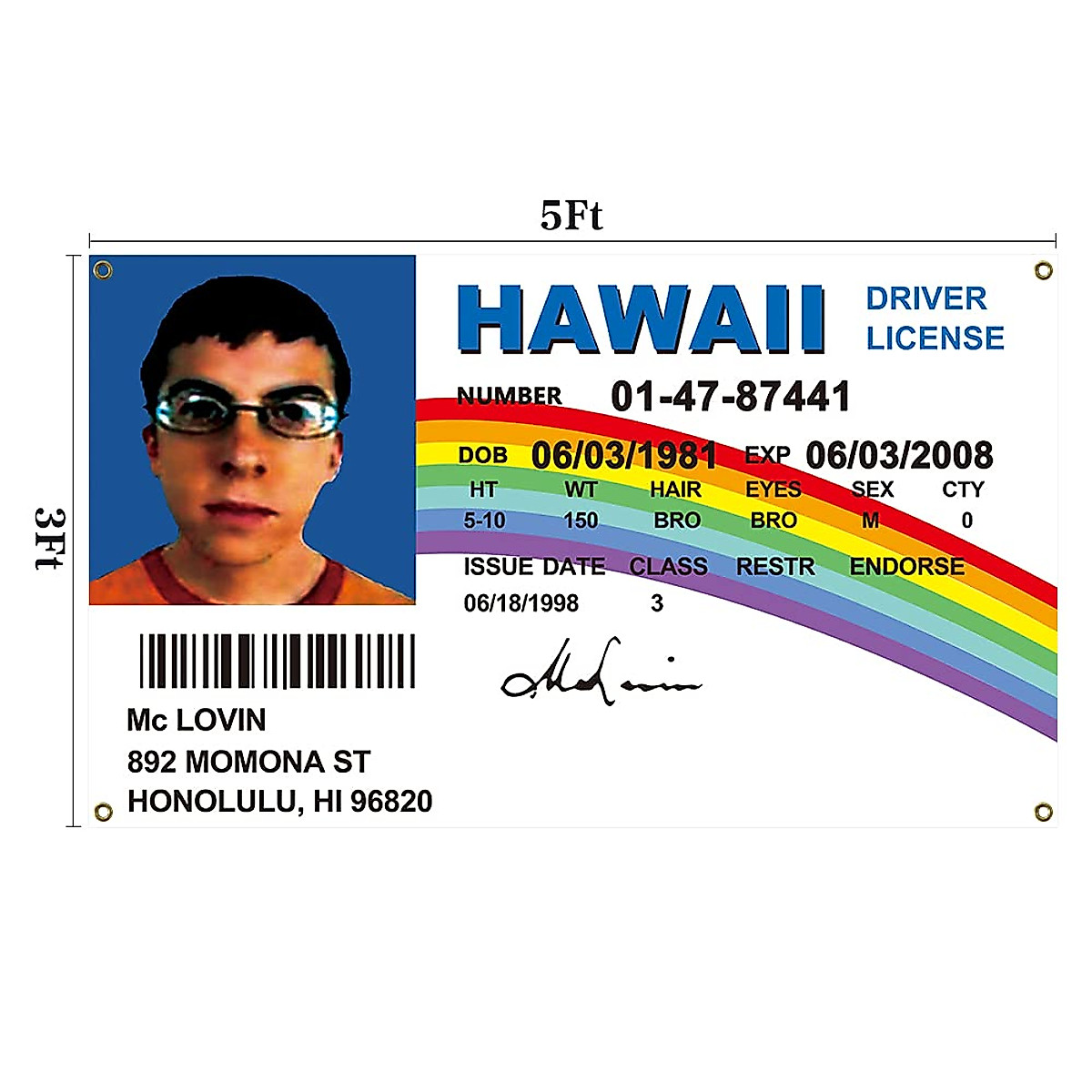 McLovin ID Flag 3x5Ft Fake Driver License Banner 3x5 Ft Funny Poster UV Resistance Fading & Durable Man Cave Wall Flag with Brass Grommets for College Dorm Room Decor,Outdoor And indoor