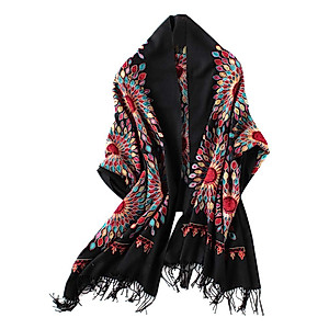 Urban CoCo Women's Embroidered Oversize Tassel Shawl Scarf Wraps for Women (Black)