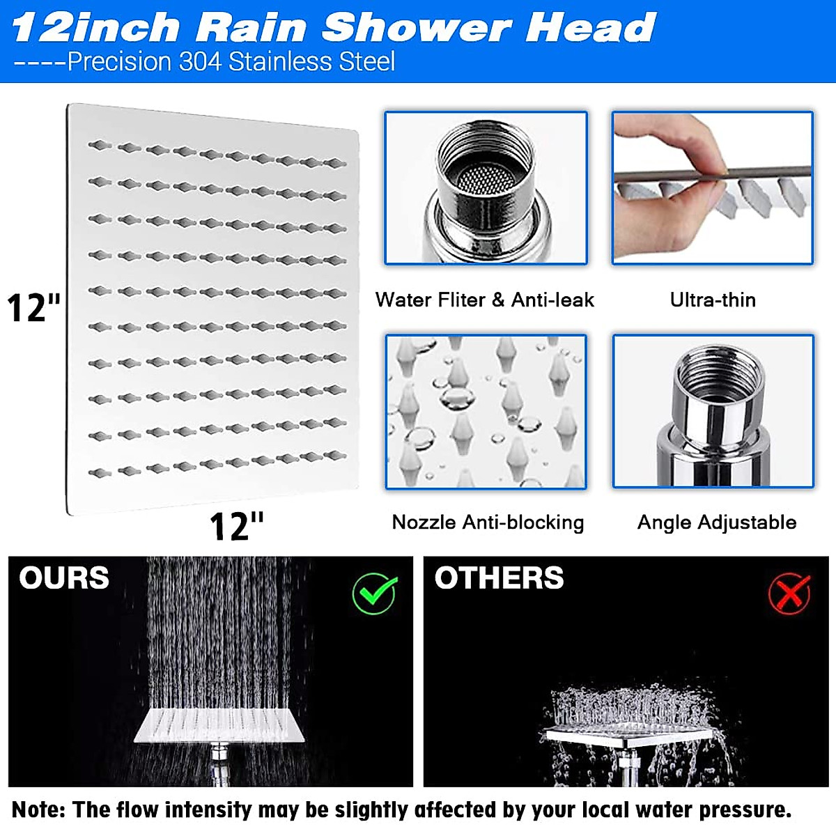 Amorix 12" Rain Shower Head with Handheld Spray Shower Heads Combo with 7 Setting Hand Held Shower Built-in 2 Power Wash, Rainfall Shower Head with One-piece Extension Arm, Hard Water Shower Filter