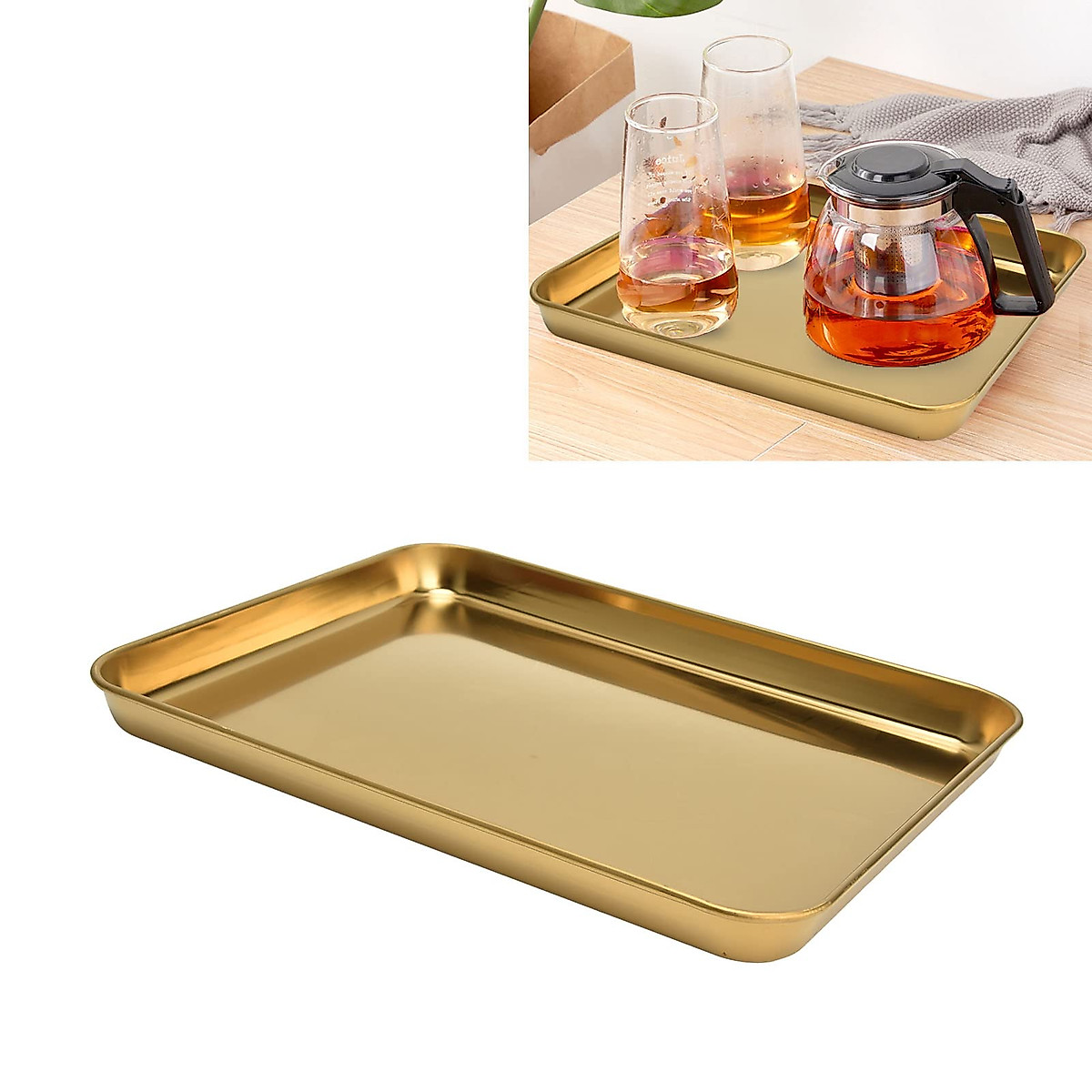 Stainless Steel Food Serving Tray, Rectangular Decorative Mirrored Serveware Platter Bottom Tray for Flat Bottom Plate Restaurant Home Golden Flat Gold