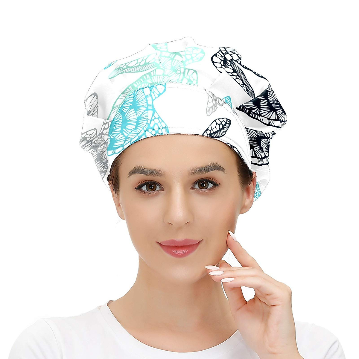 Womens Working Cap with Cotton Sweatband Adjustable Elastic Bouffant Hat Tie Back Work Hats for Women Men One Size Working Cap Head Hair Covers Boho Sea Turtle Tortoise (3)