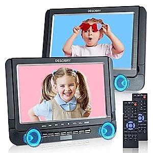 10” Car DVD Player Dual Screen, DESOBRY 4000mAh Rechargeable Portable DVD Players for Car with Front Speakers, Last Memory, Headrest DVD Player Support USB/TF for Travel, Home (2 DVD Players)