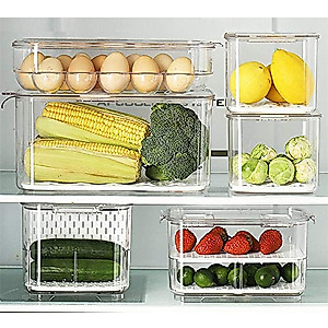 SANNO Fridge Food Storage Containers Produce Saver FreshWorks Produce Food Storage Container Bin Stackable Refrigerator Kitchen Organizer Keeper, with Removable Drain Tray to Keep Fresh