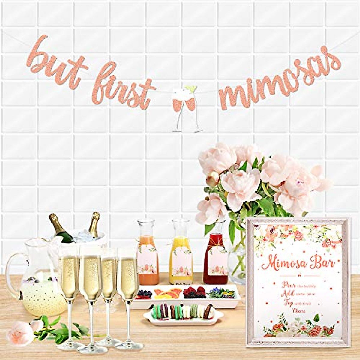 Mimosa Bar Sign But First Mimosas Banner Boho Floral Bridal Shower Decorations Rose Gold Baby Shower Graduation Decor Summer Brunch Bubbly Bar Themed Wedding Engagement Birthday Party Mimosa Bar Kit