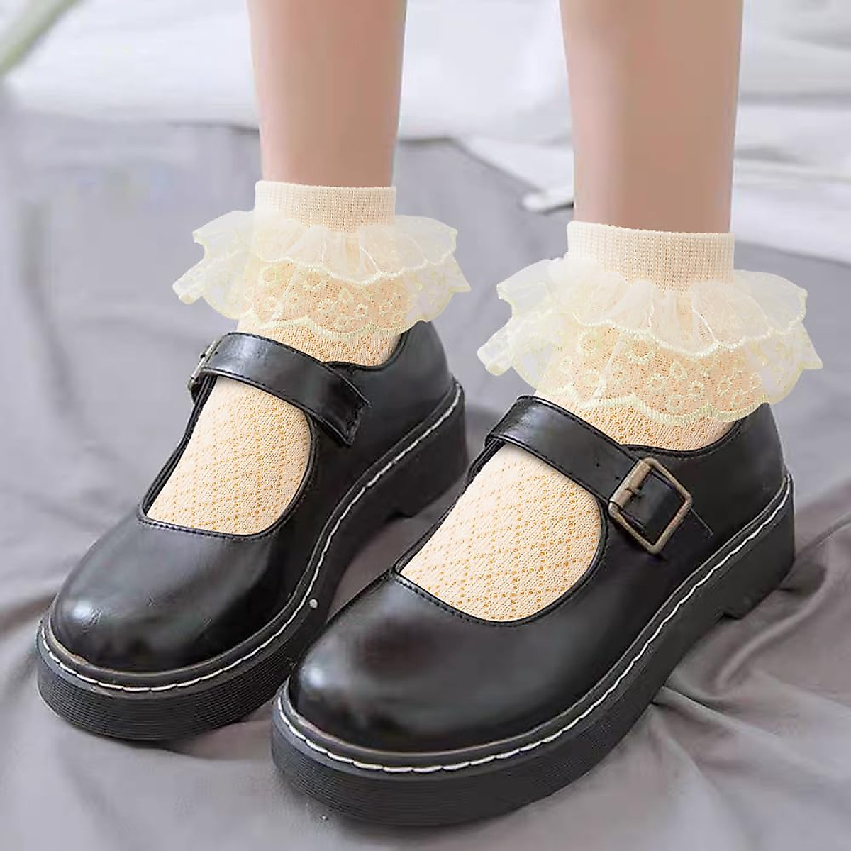 Looching 5 Pairs Toddler Girls Ruffle Lace Socks Cotton Baby Kids Mesh Thin Frilly Ankle Princess Dress Sock 1-9T Multicolor