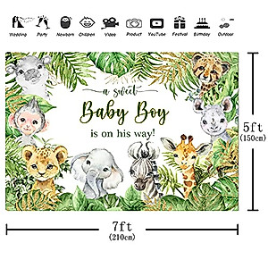 Aperturee 7x5ft Jungle Safari Animals Baby Shower Backdrop Baby Boy is On His Way It's a Boy Photography Background Green Leaves Photo Booth Studio Cake Table Banner Party Decorations Props Supplies