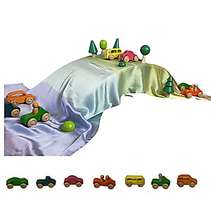 Avery & Ruth Waldorf Toys Rainbow Car Set - 70” x 35” Silk Scarf for kids to play- 7 Handmade Wooden Car - 3 Peg Dolls - Montessori Rainbow Toy - 100% Silk