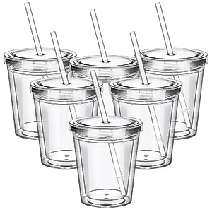FoldTier 6 Pcs Clear Tumblers with Lid and Straw for Kids 12 oz Insulated Acrylic Double Wall Tumbler Toddlers Reusable Plastic Clear Cup Kids Straw Cup Plastic Kids Tumblers Bulk (Clear Lid)