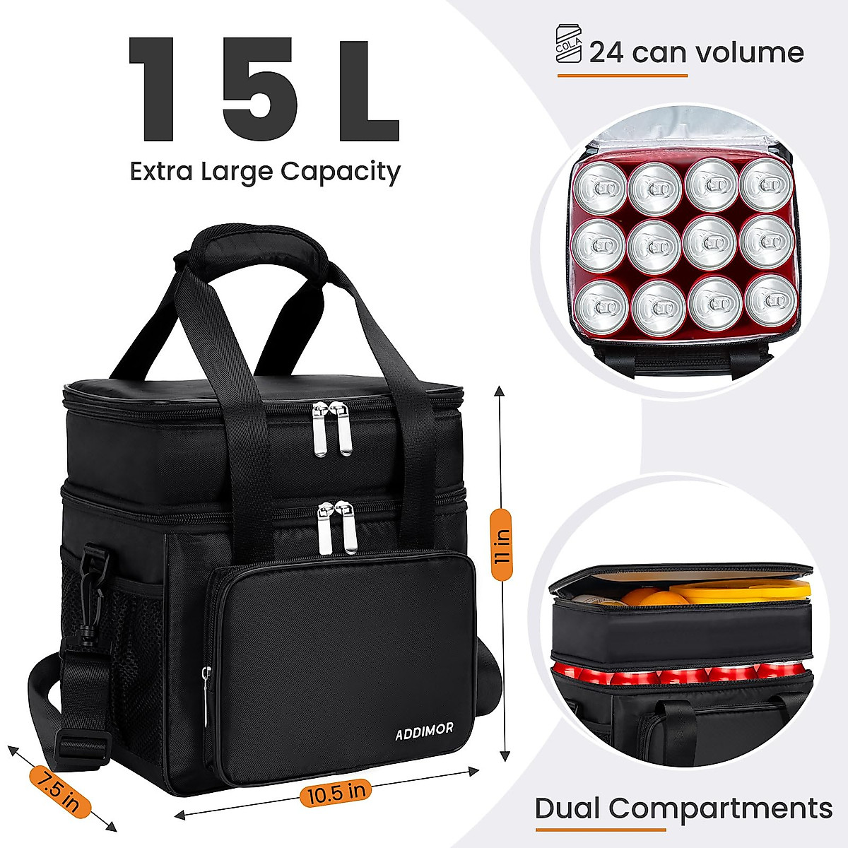 Lunch Bag for Women Men Double Deck Lunch Box, [24H] Insulated Lunch Cooler Bag with Shoulder Strap, Large Heavy Duty Leakproof Adult Lunch Tote Bag LunchBox for Work Beach Picnic Travel (15L, Black)