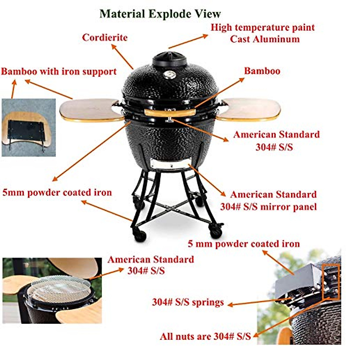 RJMOLU Large BBQ Grill, 24" Smoker Barbecue Grill with 2 Foldable Wooden Side Shelves, Quick Fire Lighter, Ceramic Barbecue for Picnic Garden Terrace Camping Travel