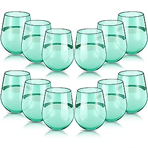 Zubebe 12 Pack 15oz Plastic Stemless Wine Glasses Bulk Colored Unbreakable Reusable Wine Glasses Shatterproof Drinking Glasses Drinkware for Indoor Outdoor Dining Wine Supplies (Green)