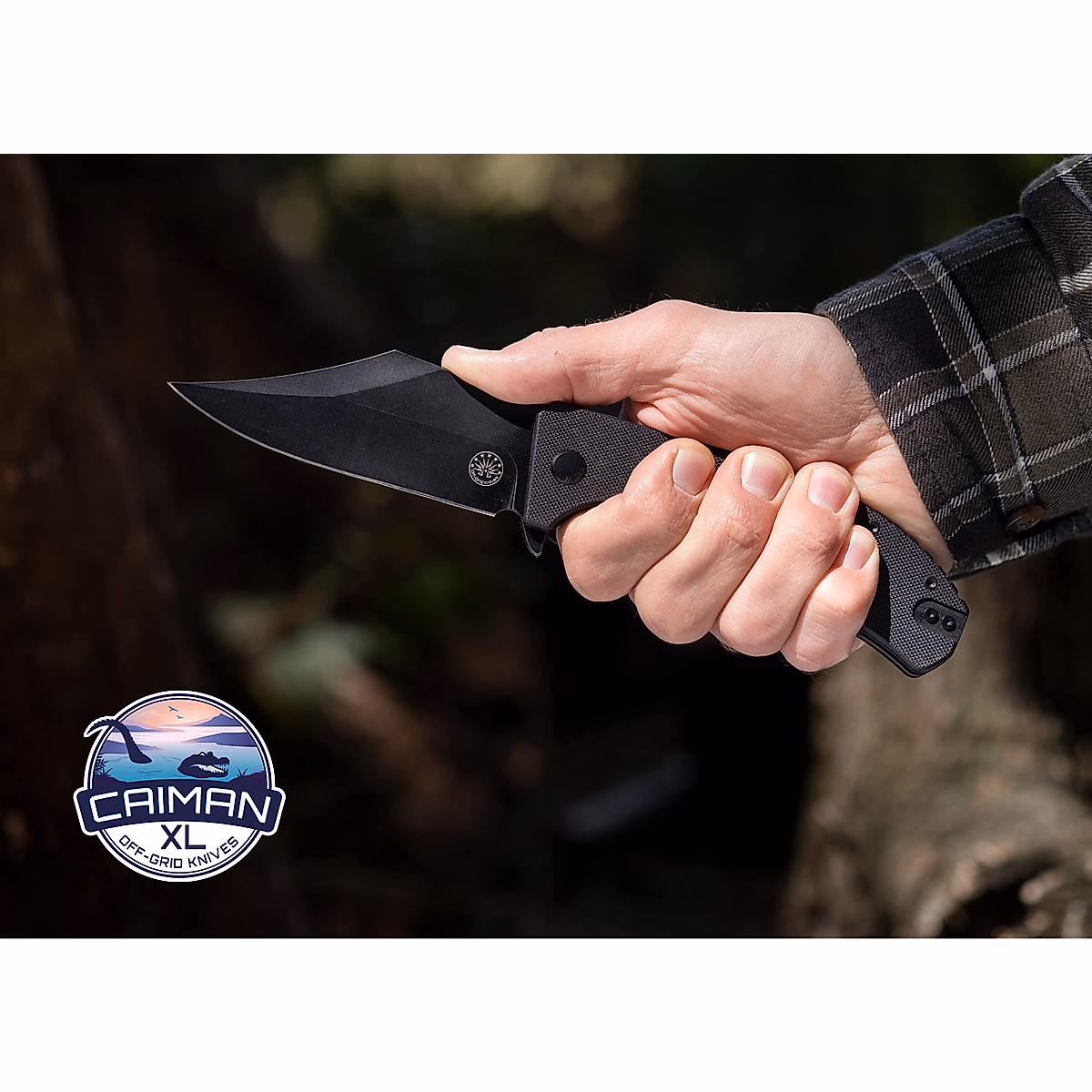 Off-Grid Knives - Caiman XL Folding Knife w. Bowie Blade, Sandvik 14C28N Steel, G10 Scales, Deep Carry Clip