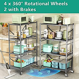 4-tier Storage Shelves for Storage,foldable Collapsible Metal Shelving with Rotational Wheels, Standing Storage Unit Utility Shelf Racks Rolling Cart for Laundry Bathroom Kitchen Pantry Closet, Grey