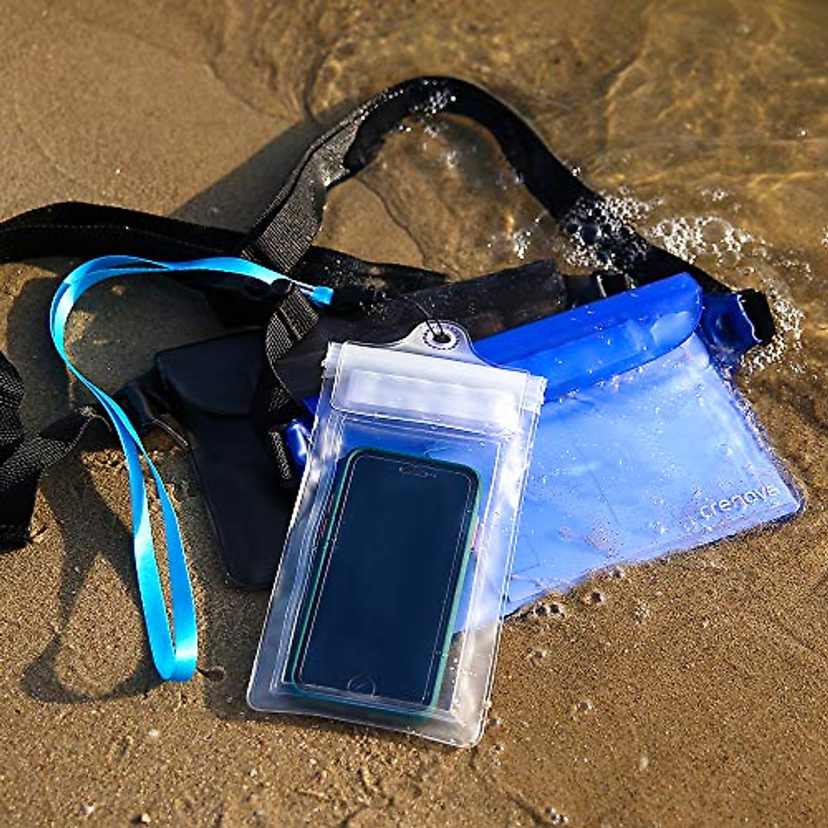 Crenova Waterproof Pouch 2 Pack Beach Accessories Waterproof Bag Fanny Pack 2 Waist Strap Adjustable Extra-Long Belt for Outdoor Water Sports