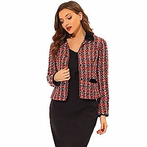Allegra K Women's Winter Fall Tweed Cropped Suit Blazer Vintage Work Office Short Tweed Jacket Coat Large Red