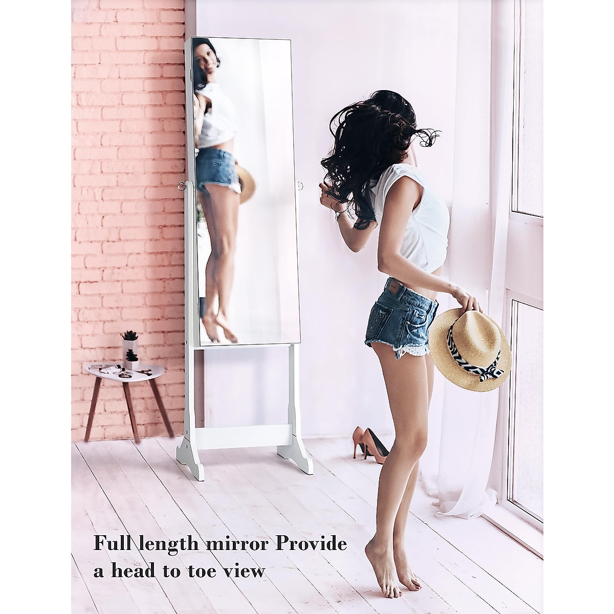 Nicetree Jewelry Cabinet with Full-Length Mirror, Standing Lockable Jewelry Armoire Mirror Organizer, 3 Angel Adjustable, White