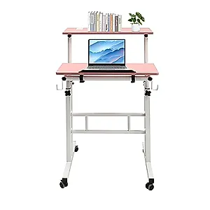 LULUGOGOTOP 24" Mobile Stand Up Desk,Small Adjustable Standing Desk w/Wheels,Portable Home Office Computer Workstation w/2 USB,Rolling Desk Laptop Cart for Standing or Sitting (Pink)