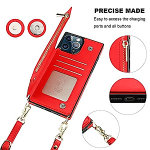 Bocasal Crossbody Wallet Case for iPhone 13 Pro Max with RFID Blocking Card Slot Holder, Magnetic Flip Folio Purse Case, PU Leather Zipper Handbag with Detachable Lanyard Strap 6.7 Inch 5G (Red)