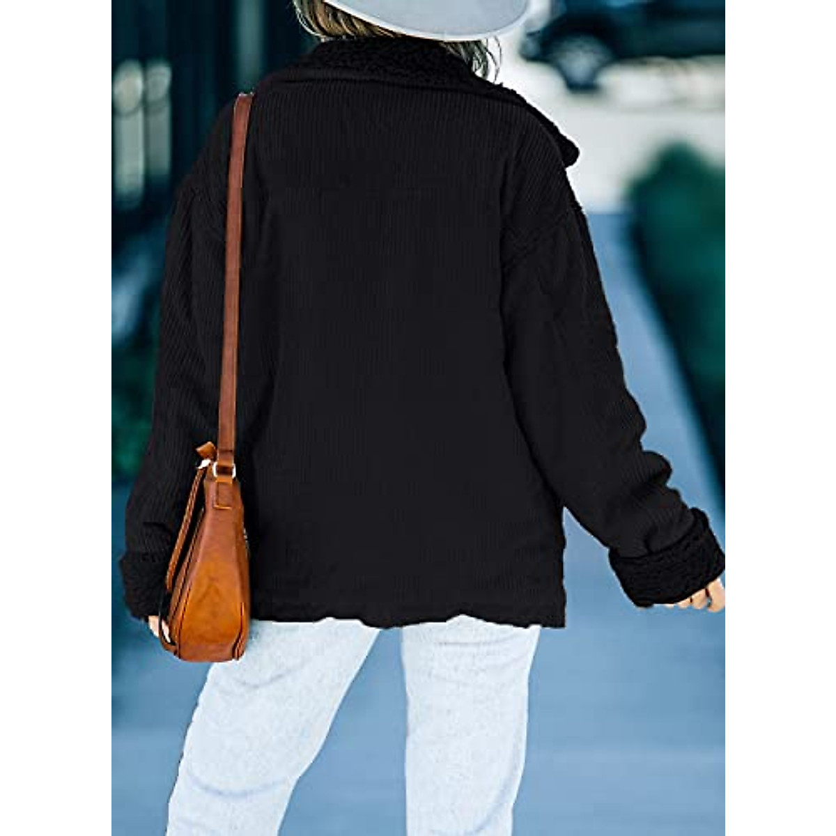 Dokotoo 2024 Autumn Winter Corduroy Trucker Jacket Coat for Women Turn-Down Collar Button Down Long Sleeve Soft Sherpa Lined Thick Solid Loose Fit Winter Outwear Black XL