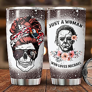 XXME Horror Movies 20 Oz Tumbler With Lid, Just A Woman Who Loves Horror Movies Large Tumbler, Insulated Travel Coffee Tumbler, Gifts For Scary Movie Fan, Gifts For Halloween, Grey 2, 2 Piece Set