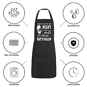 POTALKFREE Funny Gag Gifts for Men Women, Once You Put My Meat Chef Apron, BBQ Cooking Grilling Aprons with 2 Pockets, Wife Birthday Gifts from Husband, Boyfriend