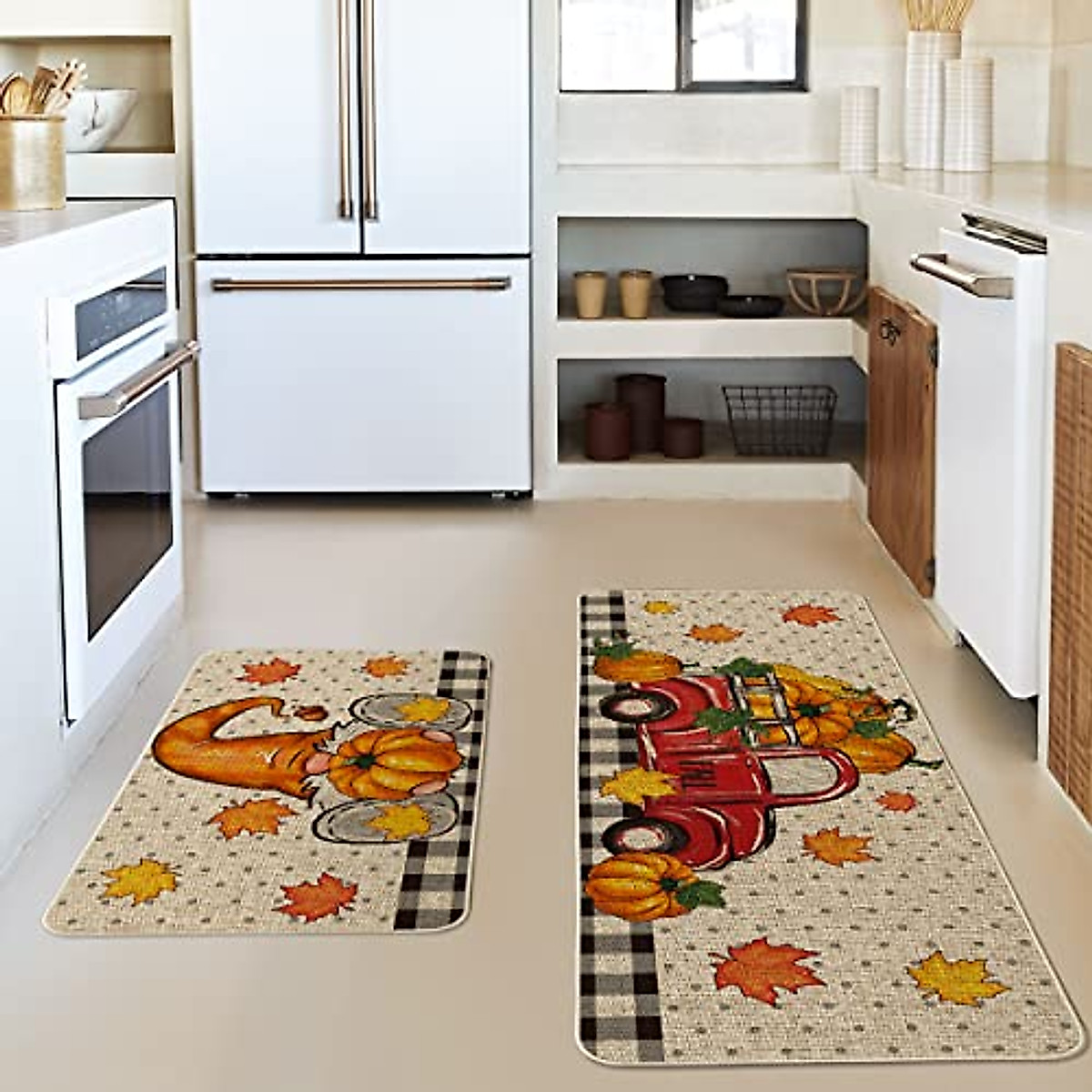 Artoid Mode Polka Dot Gnome Truck Pumpkin Fall Kitchen Mats Set of 2, Maple Leaf Home Decor Low-Profile Kitchen Rugs for Floor - 17x29 and 17x47 Inch