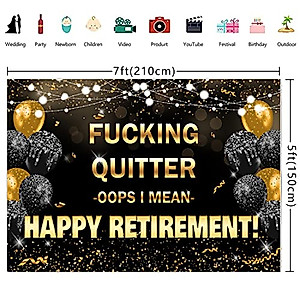 Wollmix Happy Retirement Party Decorations Banner Backdrop, 7x5ft Black and Gold Balloons Men Photography Background Congrats Golden Glitter Dots Sign Photo Booth Prop Cake Table Supplies