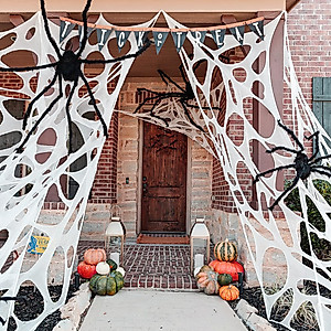 AKEROCK Giant Spider Webs Halloween Decorations Outdoor, Stretchy Gauze Cobwebs, Cut-Your-Own Fake Spider Webbing for Halloween Decor Outside House - White