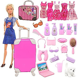 BARWA 32 Pcs Doll Suitcase Luggage Travel Clothes and Accessories for 11.5 inch Girl Doll Travel Carrier Storage, Including 1 Luggage 1 Suitcase 23 Travel toiletries 5 Dresses 1 Puppy 1 Computer…