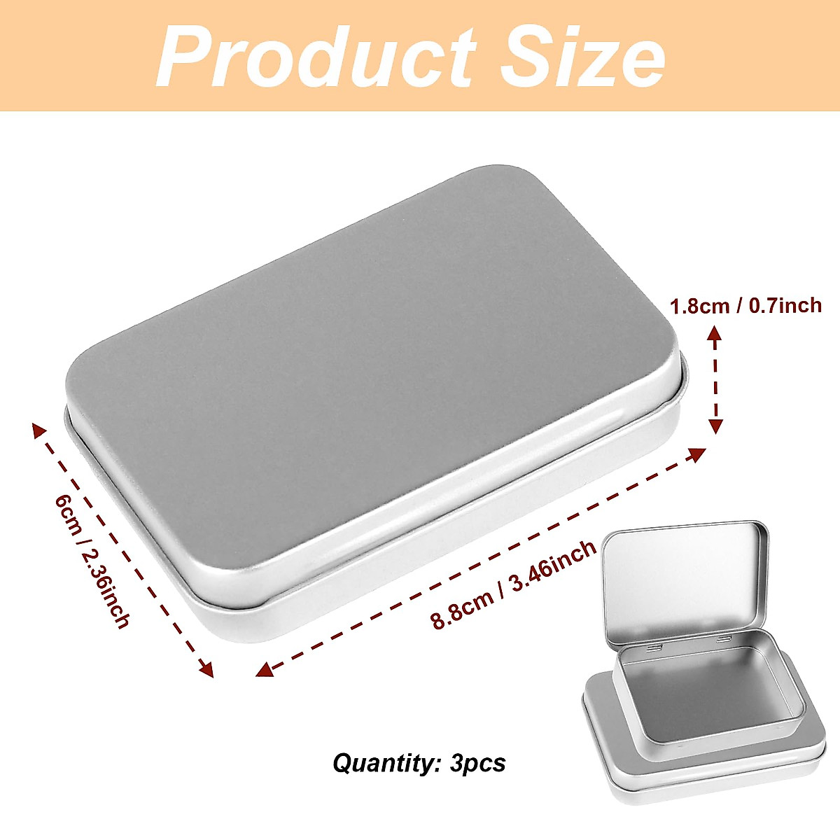 3 Pack Tin Box Containers 3.46 x 2.36 x 0.7 Inch Rectangular Metal Tin Box with Lid Empty Hinged Tins Box Containers Metal Storage Box with Hinge Lids for Home Organizer Storage Candy Jewelry, Silver