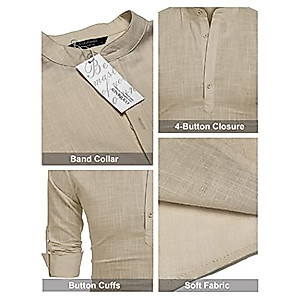 COOFANDY Mens Cotton Linen Henley Hippie Casual Beach T Shirt, Khaki, Medium, Long Sleeve