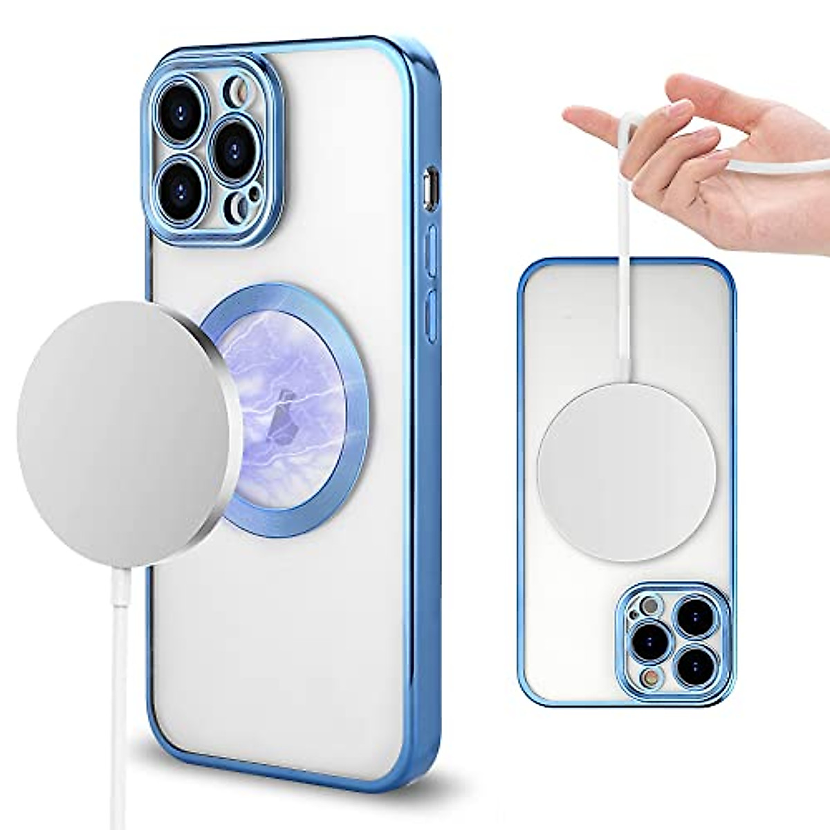 KANGHAR iPhone 13 Pro Max Case Magnetic [Support Magsafe Charger] Wireless Anti-Scratch Shockproof Clear Four Corner Cushion Durable Anti-Dropping Full Body Protection Cover-Blue