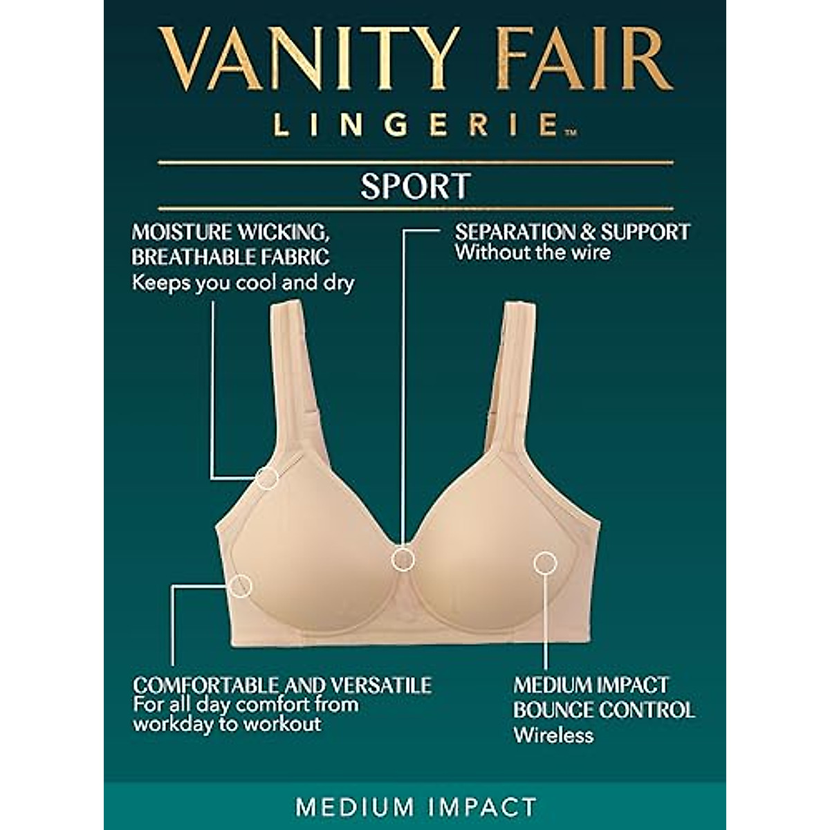 Vanity Fair Womens Medium Impact Sports For Breathable, Moisture Wicking, Padded Cups Up To Ddd Bra, Wireless - Neutral, 44C US