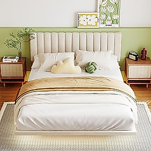 Prohon Upholstered Platform Bed Floating Bedframe with Sensor Light & Tufted Headboard, Queen Bed Frame No Box Spring Needed, Velvet Bed Frames Queen Size for Kids, Teen & Adults, Beige