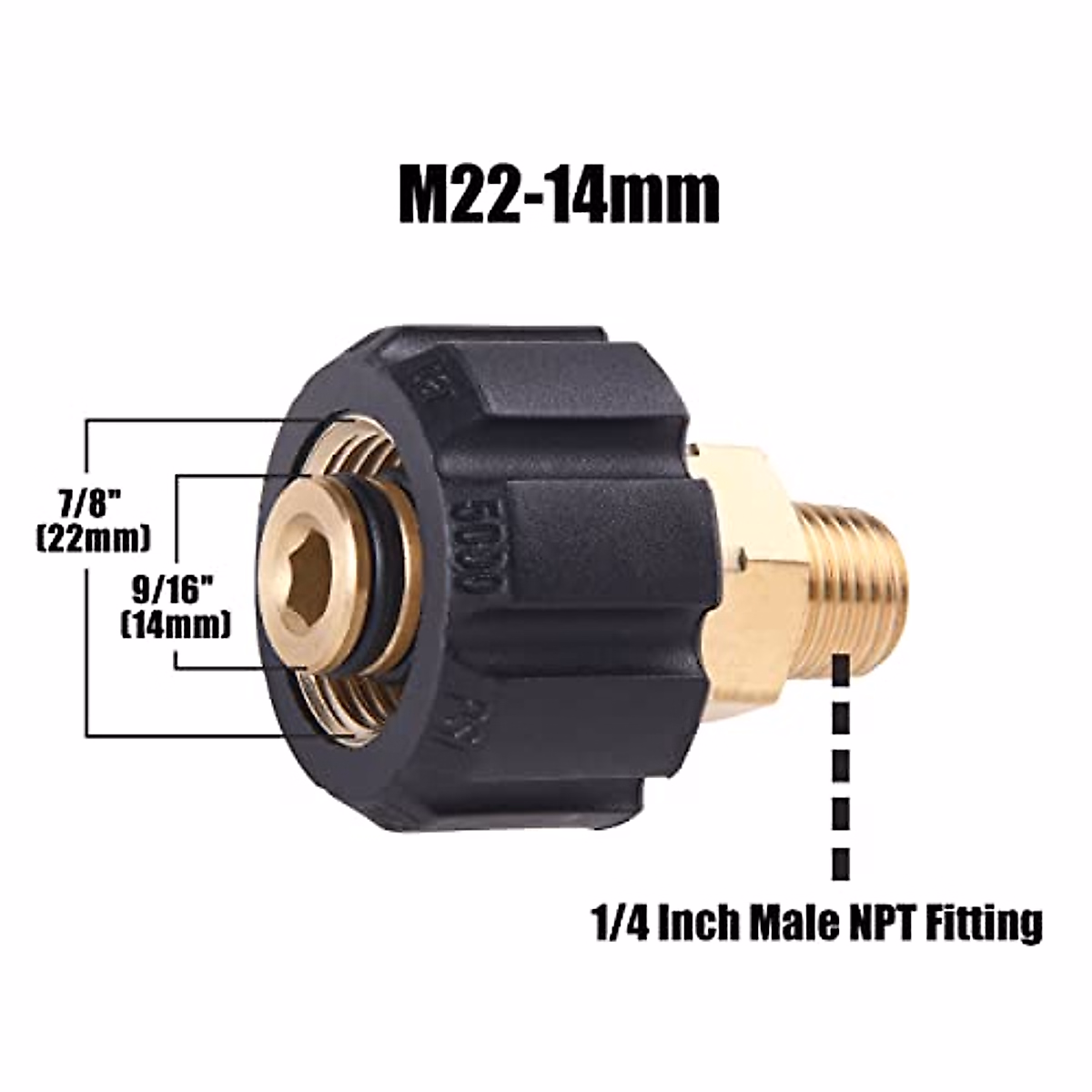Tool Daily Pressure Washer Adapter, Female Metric M22 to 1/4 Inch Male NPT Fitting, 5000 PSI