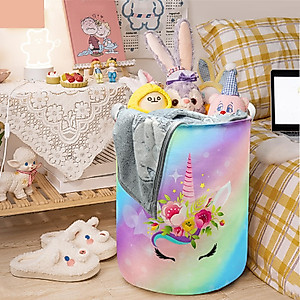 Aynaxcol Unicorn Laundry Basket Hamper Large Sized Round Storage Basket Waterproof Bin Collapsible Laundry Basket for Room Organizer, Bedroom Nursery Playroom Clothes (62.8L)