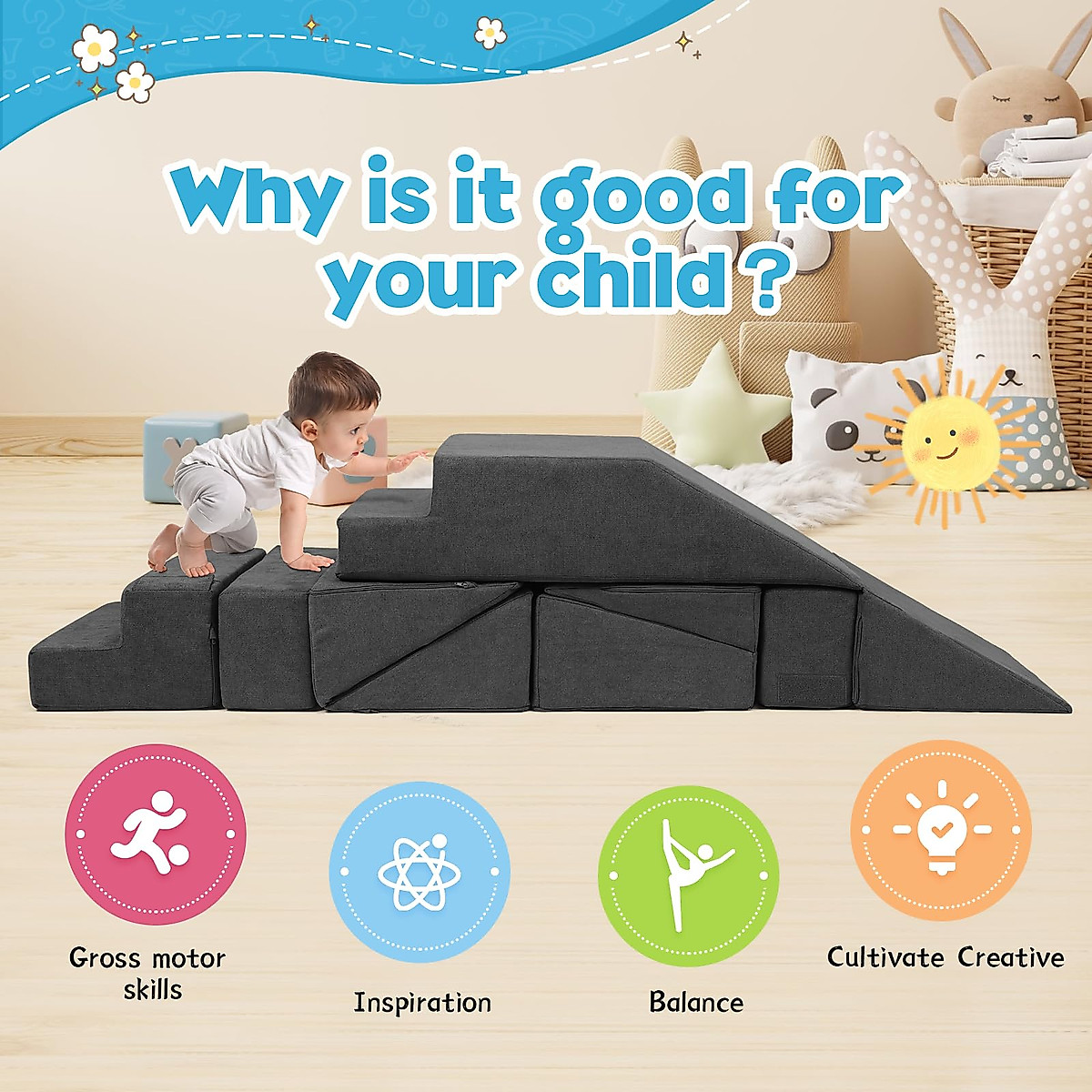 MOOZHEALTH Kids Small Play Couch, Modular Toddler Foam Sofa with Chenille Fabric Cover Children Convertible Soft Playset Climbing Building Blocks for Playroom Nursery Creative Boys & Girls (Gray)
