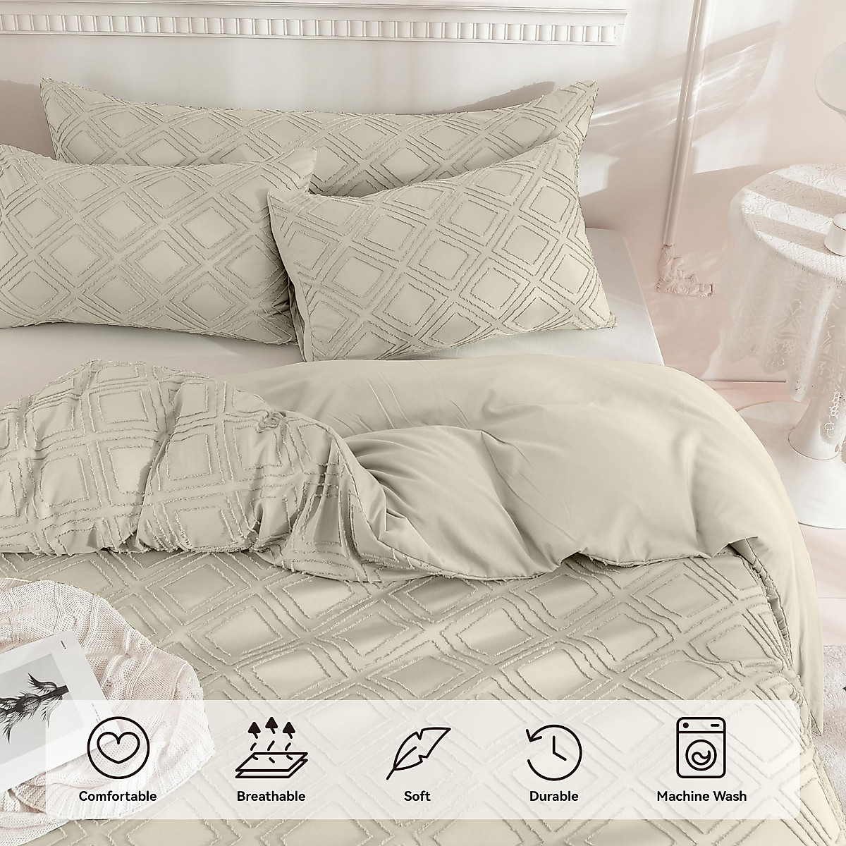 JELLYMONI Cream Grey Duvet Cover Twin Size - 3 PCS Microfiber Tufted Duvet Cover Set, Boho Textured Duvet Cover Jacquard Rhombus Geometric Pattern Duvet Cover with Corner Ties & Zipper Closure
