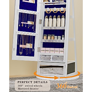 Full-Length Standing Mirror Jewelry Cabinet with Lights, Storage, and Rotating Shelf - White
