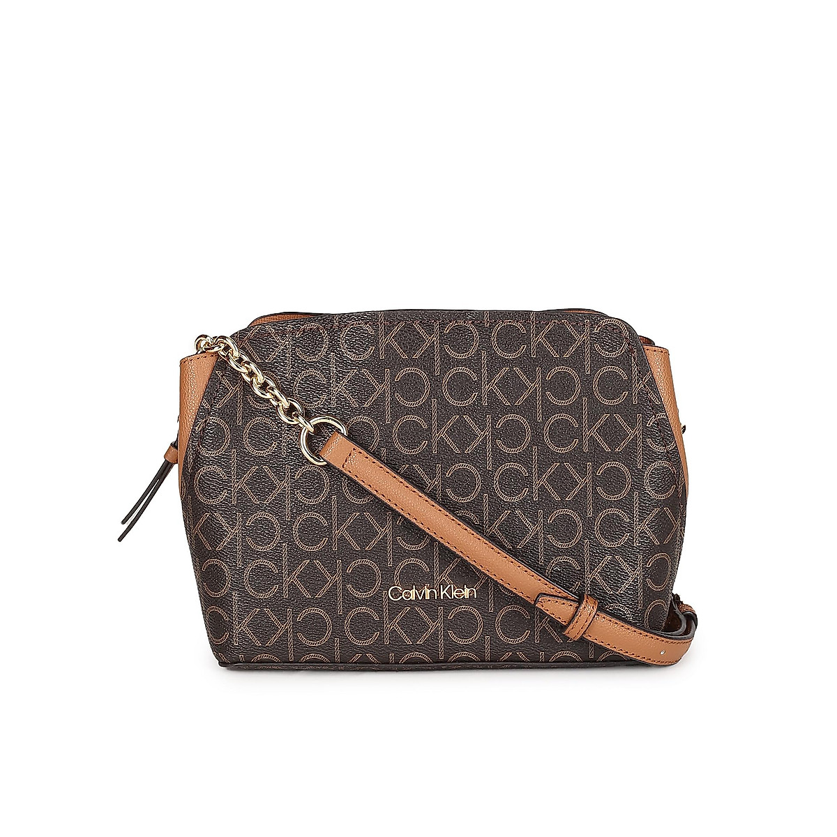 Calvin Klein Hailey Signature Triple Compartment Chain Crossbody, Brown/Khaki/Caramel Linear