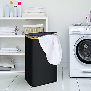 Bellzacasa Laundry Hamper with Lid, 110L Large Hampers for Laundry with Bamboo Handles and Removable Laundry Bag, Foldable Laundry Baskets with Lid for Bedroom Bathroom Tall Laundry Bin (Black)