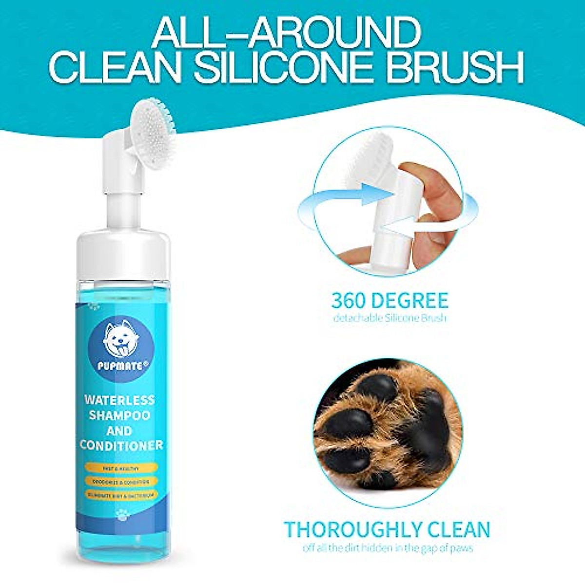 PUPMATE Paw Cleaner, No-Rinse Waterless Shampoo Dogs Cats Feet Cleaning Silicone Pet Grooming Brush, Rose Scent, 6.8 oz, Unique Design Pet Shampoo