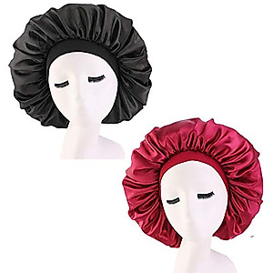 2 PCS Satin Silk Bonnet Sleep Cap Extra Large Jumbo Day and Night Cap Hat Salon Bonnet Head Hair Covers Chemo Caps with Elastic Wide Band for Black Women Long Curly Natural Hair Braids