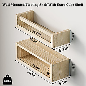QimCoor Nursery Shelves with Lip, 5.7 inch Deep Floating Shelf with Extra Cube Shelf, Natural Solid Wood Kids Bookshelf, Baby Nursery Decor for Wall (Natural-2pack, 16.5in)
