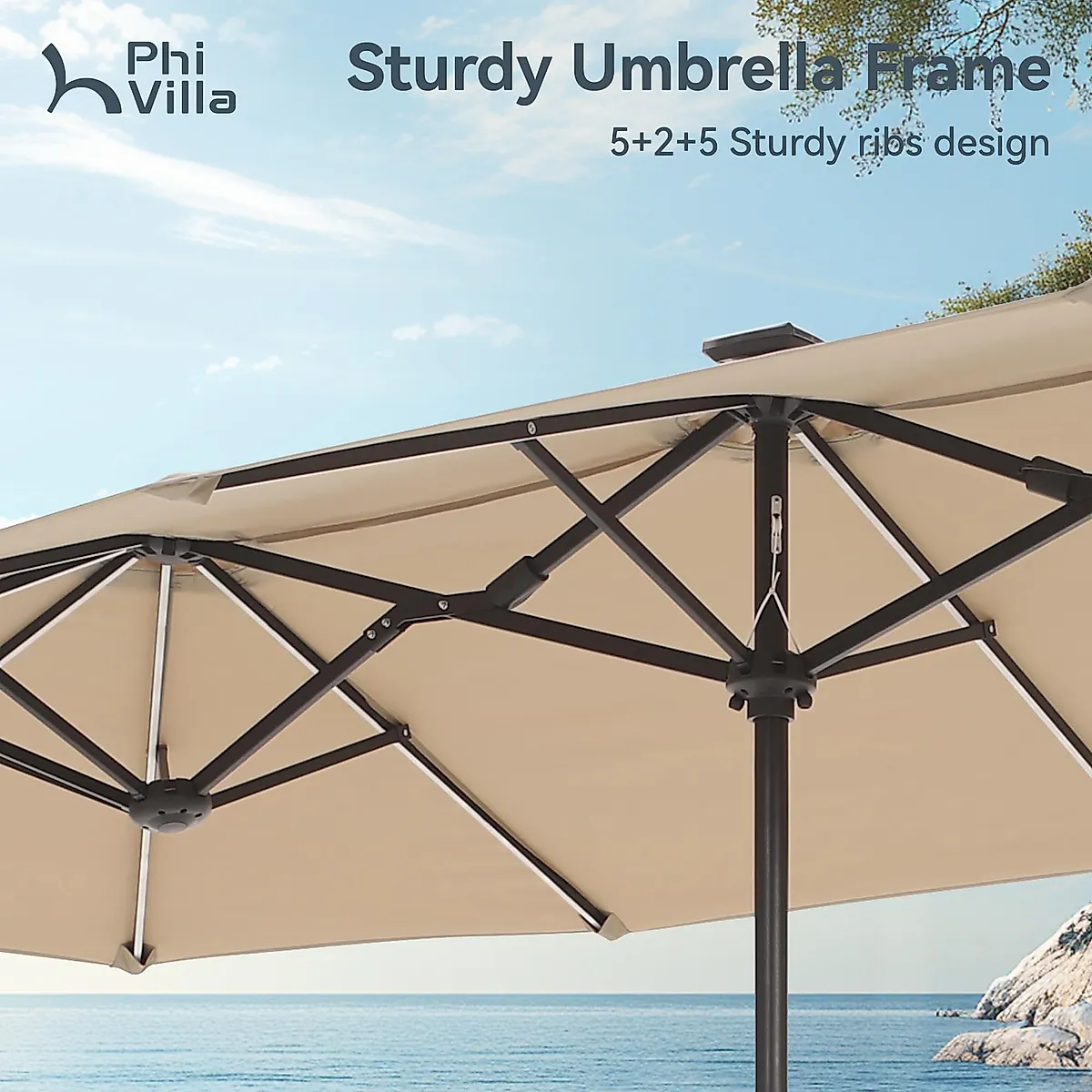 PHI VILLA 13ft Large Patio Umbrella with Solar Lights, Double-Sided Outdoor Market Rectangle Umbrella with 120 PCS LED Lights, Beige (No Base)