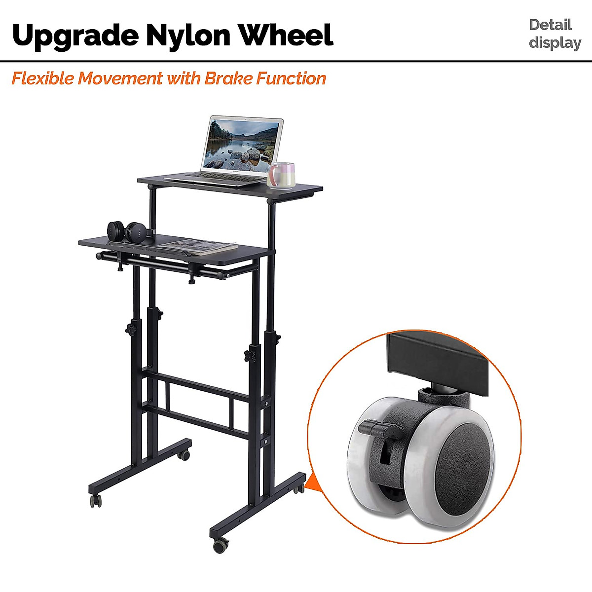 AIZ Mobile Standing Desk, Adjustable Computer Desk Rolling Laptop Desk Cart on Wheels Home Office Computer Workstation, Portable Laptop Stand Tall Table for Standing or Sitting, Black Willow